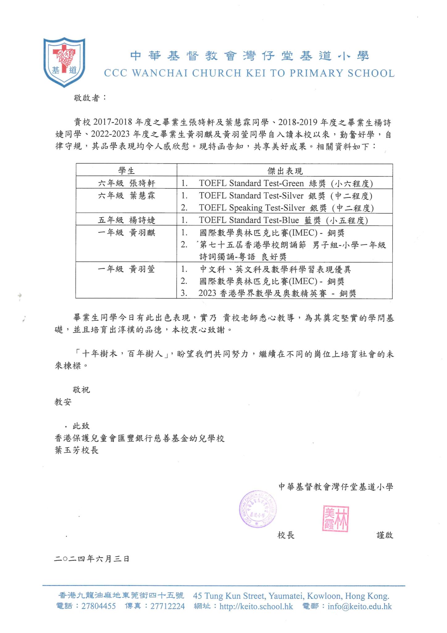 2023-24年度— 小學嘉許信(2) – 滙豐銀行慈善基金幼兒學校 – 香港保護兒童會